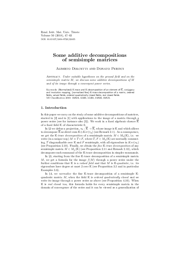 (PDF) Some additive decompositions of semisimple matrices