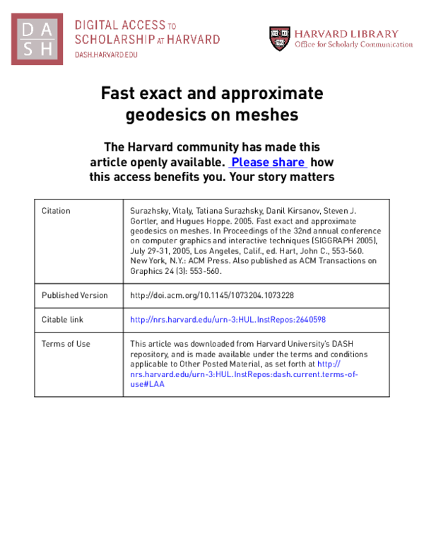 (PDF) Fast exact and approximate geodesics on meshes