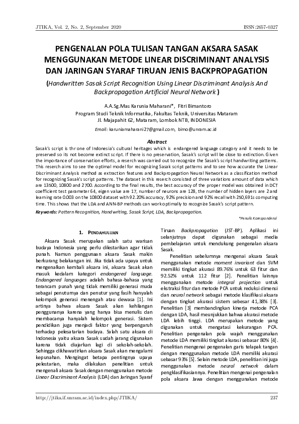 (PDF) Sasak Script Recognition Using Linear Discriminant Analysis And Backpropagation Artificial ...