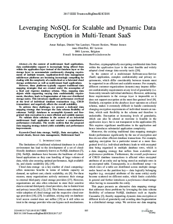 Pdf Leveraging Nosql For Scalable And Dynamic Data Encryption In Multi Tenant Saas