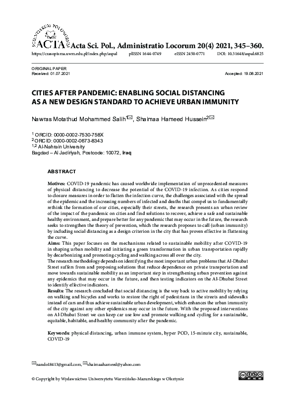 (PDF) Cities after pandemic: enabling social distancing as a new design ...