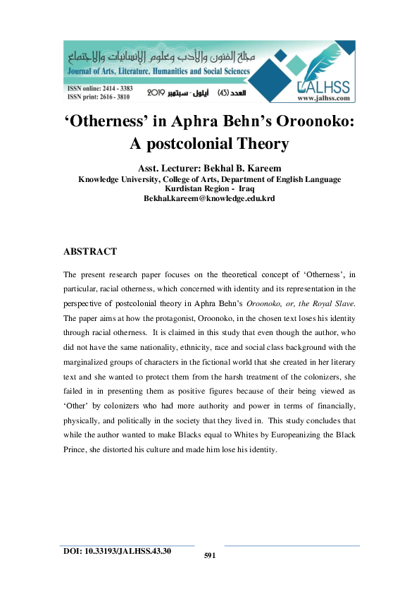 (PDF) ‘Otherness’ in Aphra Behn’s Oroonoko: A postcolonial Theory