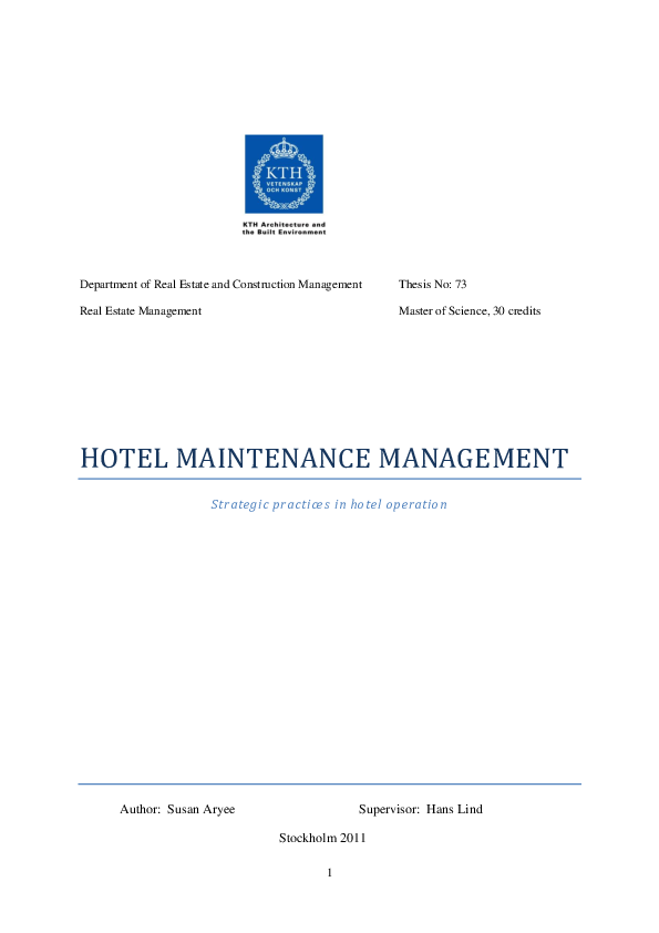(PDF) HOTEL MAINTENANCE MANAGEMENT : Strategic practices in hotel operation