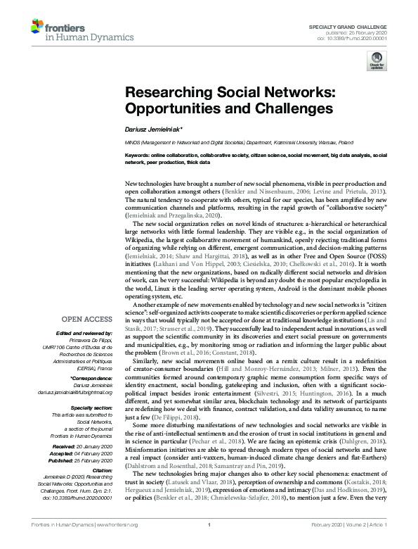 (PDF) Researching Social Networks: Opportunities and Challenges