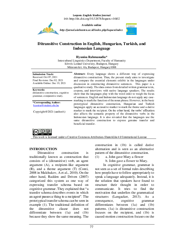 (PDF) Ditransitive Construction in English, Hungarian, Turkish, and ...