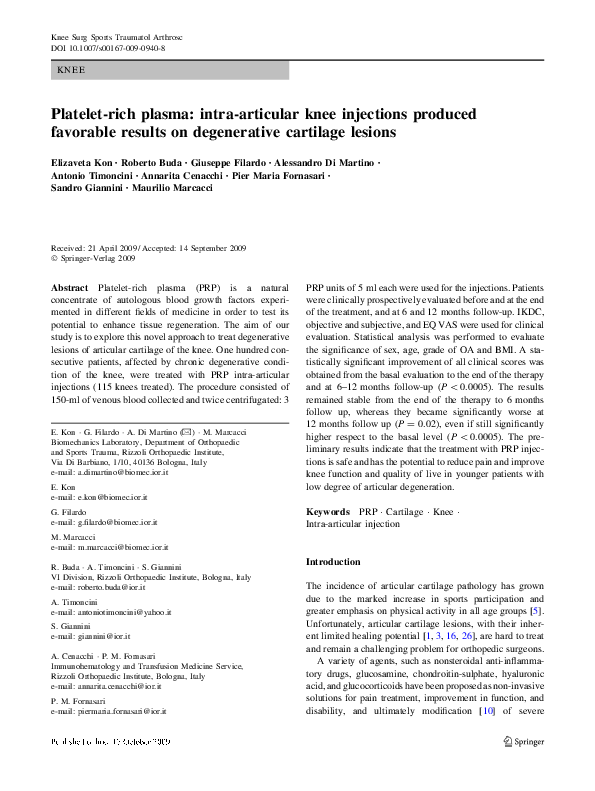 (PDF) Platelet-rich plasma intra-articular injections for cartilage degeneration and ...