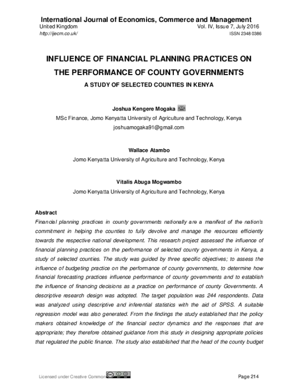 (PDF) Influence of Financial Planning Practices on the Performance of ...