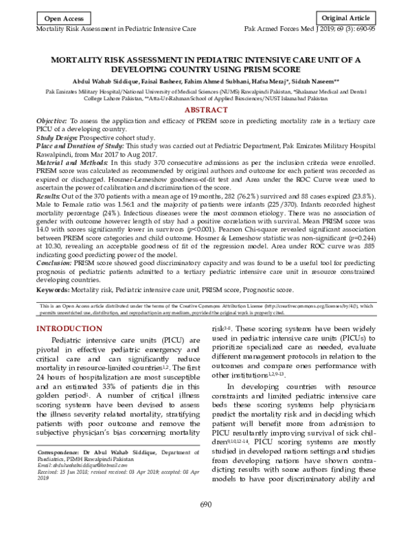 (PDF) Mortality Risk Assessment in Pediatric Intensive Care Unit of a ...