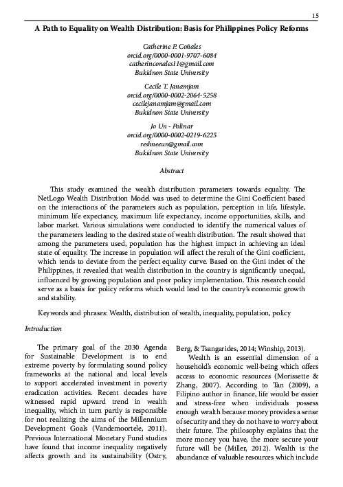 (PDF) A Path to Equality on Wealth Distribution : Basis for Philippines ...