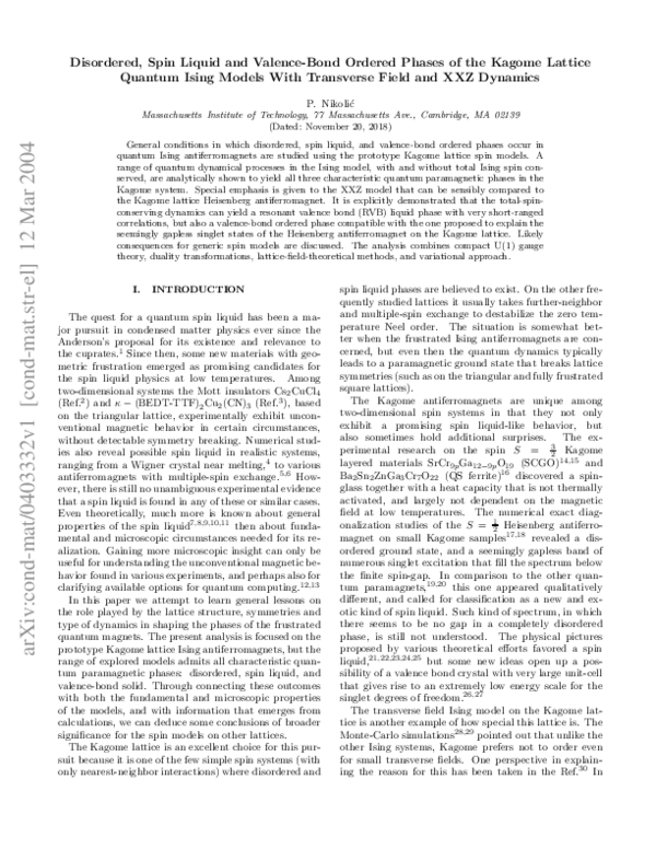 (PDF) Disordered, spin liquid, and valence-bond ordered phases of kagome lattice quantum Ising ...