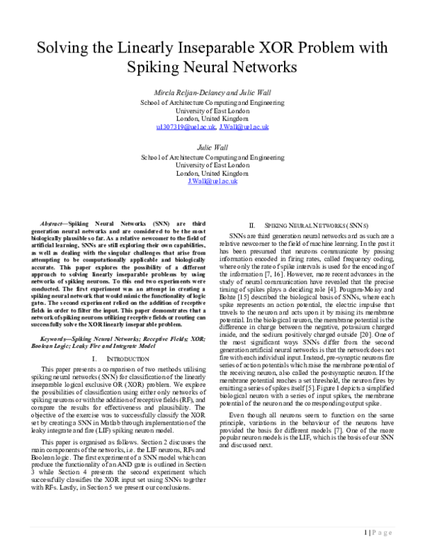 (PDF) Solving the linearly inseparable XOR problem with spiking neural ...