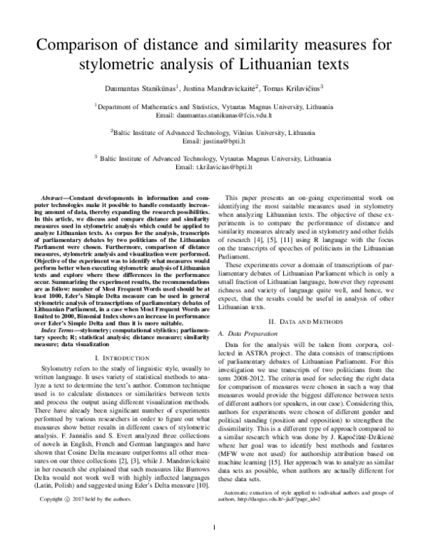 (PDF) Comparison of distance and similarity measures for stylometric ...