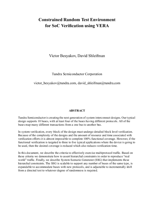 Pdf Constrained Random Test Environment For Soc Verification Using Vera Victor Besyakov