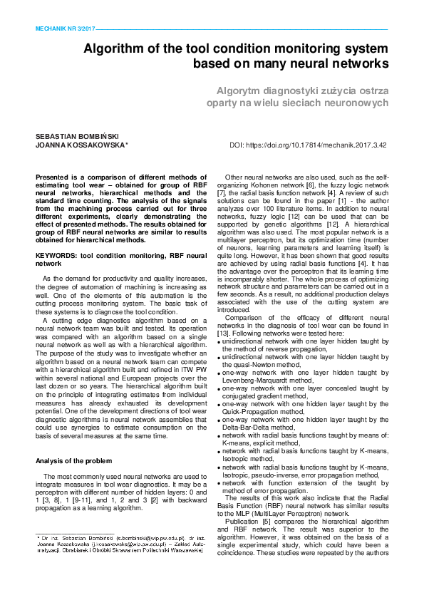 Pdf Algorithm Of The Tool Condition Monitoring System Based On Many