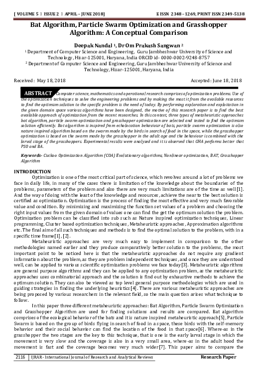 Pdf Bat Algorithm Particle Swarm Optimization And Grasshopper