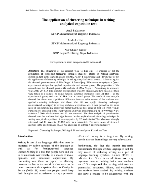 (PDF) Application of clustering technique in writing analytical exposition text