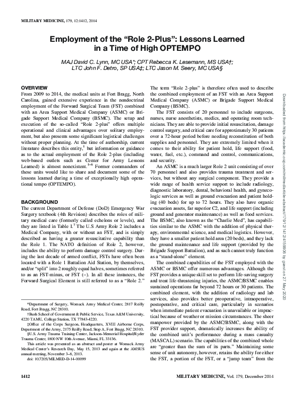 (PDF) Employment of the “Role 2-Plus”: Lessons Learned in a Time of ...