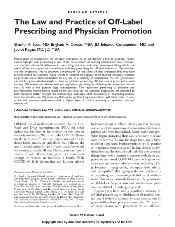 (PDF) The Law and Practice of Off-Label Prescribing and Physician Promotion