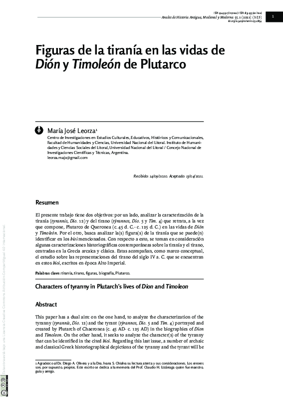 (PDF) Figuras de la tiranía en las vidas de Dion y Timoleón de Plutarco ...