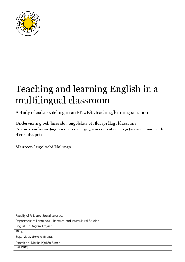 (PDF) Teaching and learning English in a multilingual classroom A study of code-switching in an ...