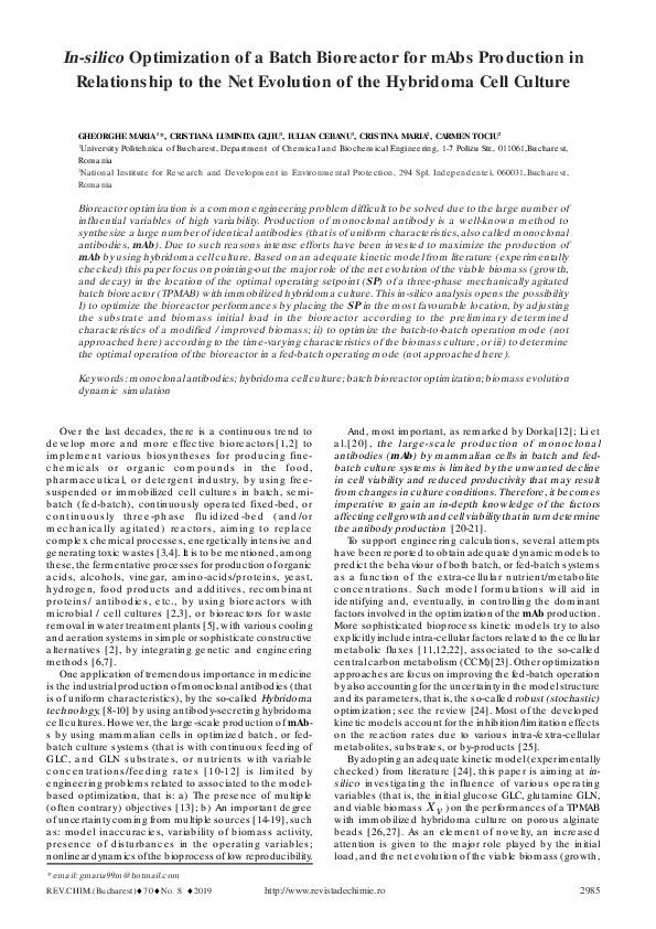 Pdf In Silico Optimization Of A Batch Bioreactor For Mabs Production In Relationship To The