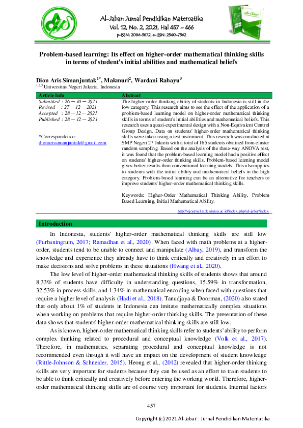Pdf Problem Based Learning Its Effect On Higher Order Mathematical Thinking Skills In Terms