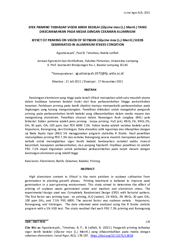 (PDF) Pengaruh priming terhadap vigor benih kedelai (Glycine max (L ...