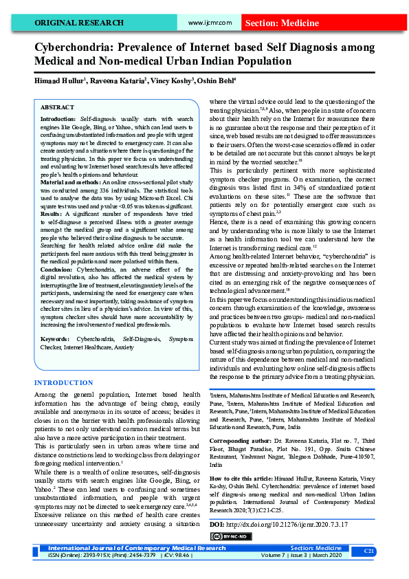 (PDF) Cyberchondria: Prevalence of Internet based Self Diagnosis among ...