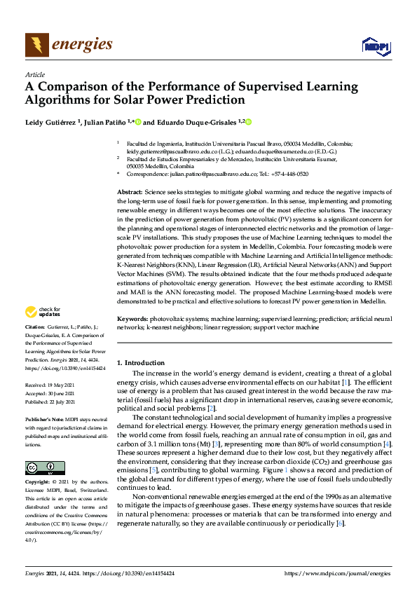 Pdf A Comparison Of The Performance Of Supervised Learning Algorithms For Solar Power Prediction