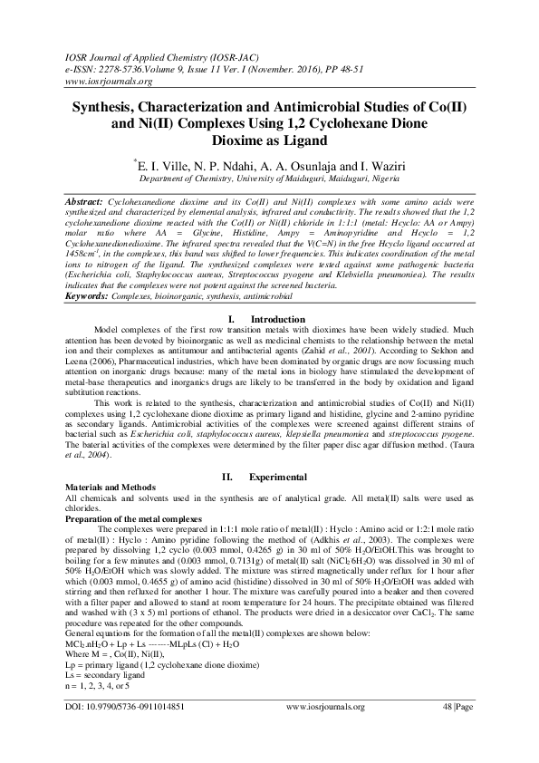 (PDF) Synthesis , Characterization and Antimicrobial Studies of Co ( II ) and Ni ( II ...