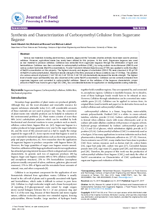 (PDF) Synthesis and Characterization of Carboxymethyl Cellulose from Sugarcane Bagasse