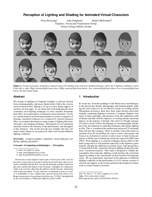 (PDF) Perception of lighting and shading for animated virtual characters