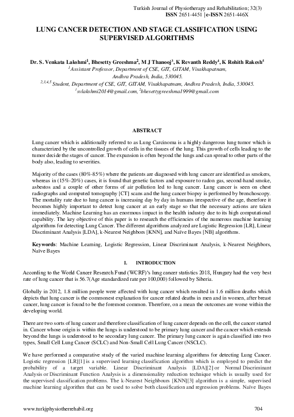 (PDF) Lung Cancer Detection and Stage Classification Using Supervised Algorithms