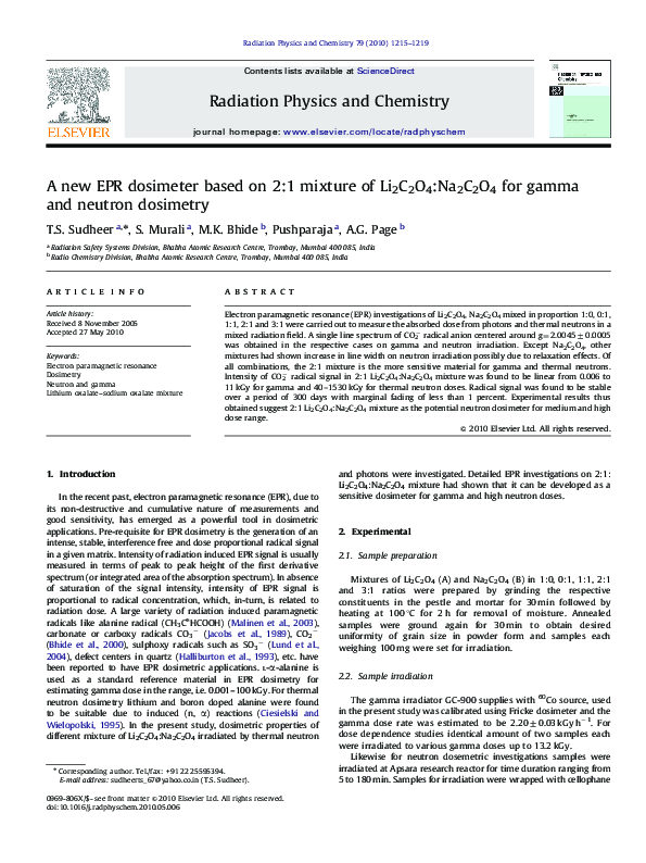(PDF) A new EPR dosimeter based on 2:1 mixture of Li2C2O4:Na2C2O4 for ...