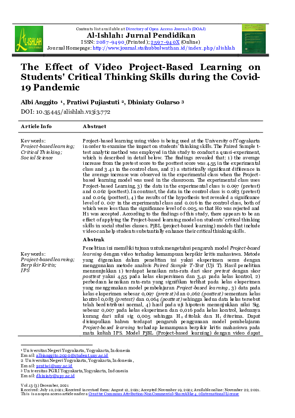 (PDF) The Effect of Video Project-Based Learning on Students' Critical ...