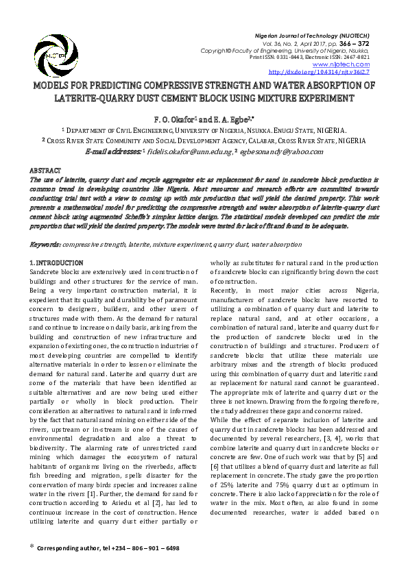 (PDF) Models for predicting compressive strength and water absorption of laterite-quarry dust ...