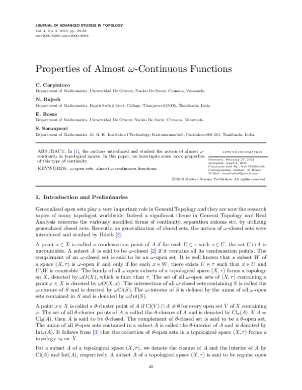 (PDF) Properties of Almost \(\omega\)-Continuous Functions