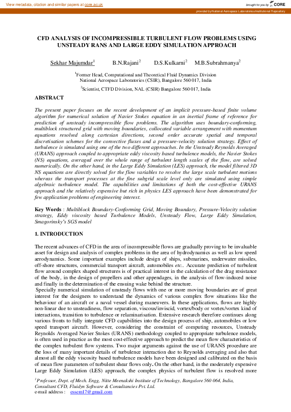 Pdf Cfd Analysis Of Incompressible Turbulent Flow Problems Using Unsteady Rans And Large Eddy
