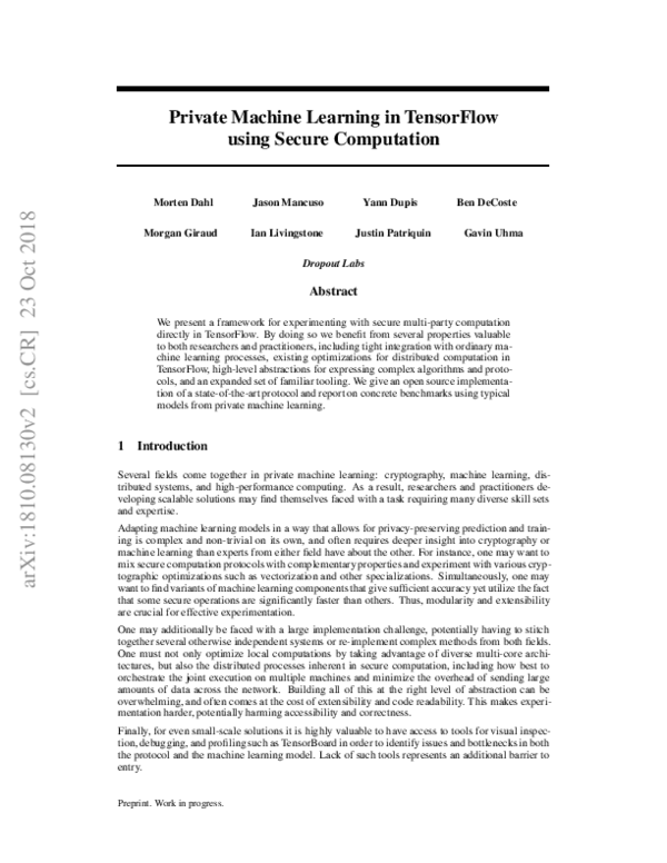 Pdf Private Machine Learning In Tensorflow Using Secure Computation