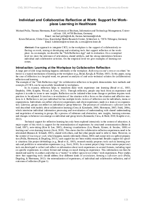 (PDF) Individual and Collaborative Reflection at Work: Support for Work ...