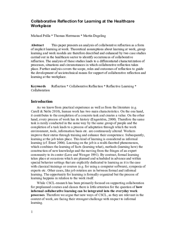 (PDF) Collaborative Reflection for Learning at the Healthcare Workplace
