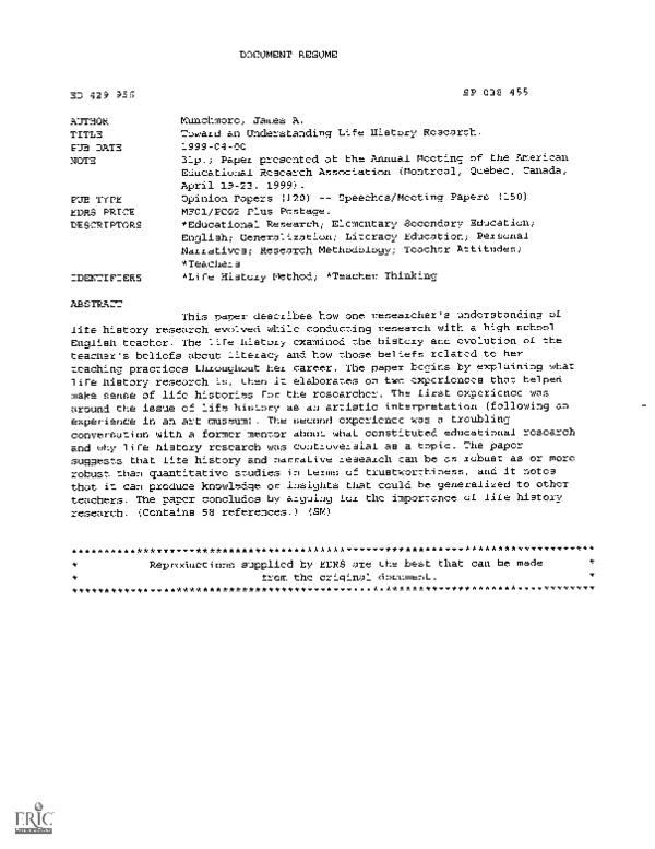 (PDF) Toward an Understanding Life History Research