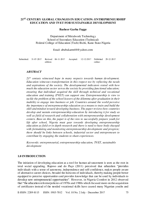 (PDF) 21ST Century Global Changes in Education: Entrepreneurship ...