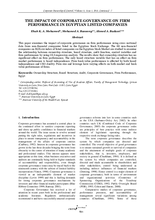 (PDF) The Impact of Corporate Governance on Firm Performance: Evidence from Iran