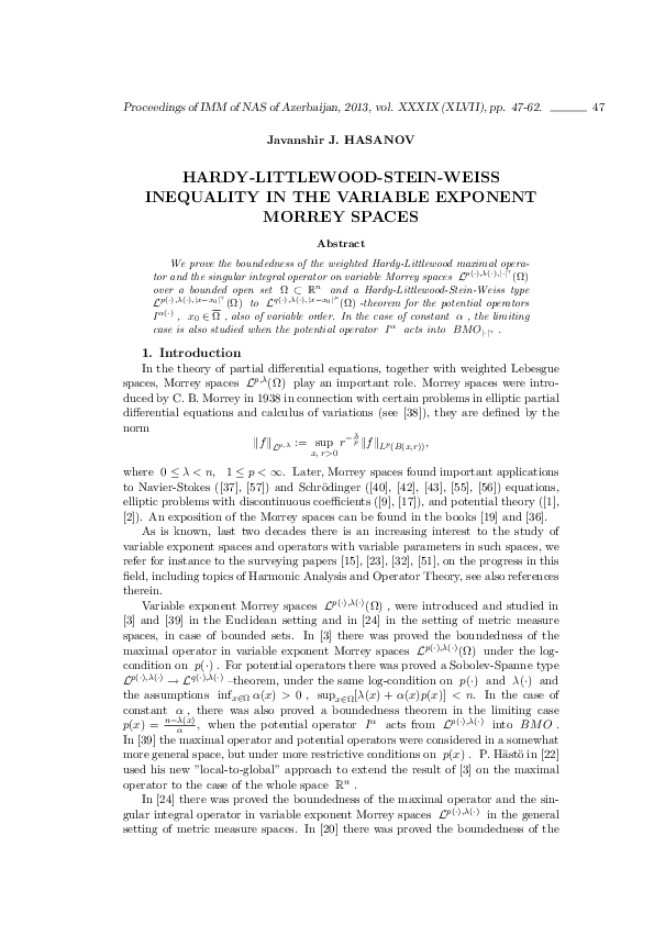 (PDF) Hardy-Littlewood-Stein-Weiss inequality in the variable exponent Morrey spaces