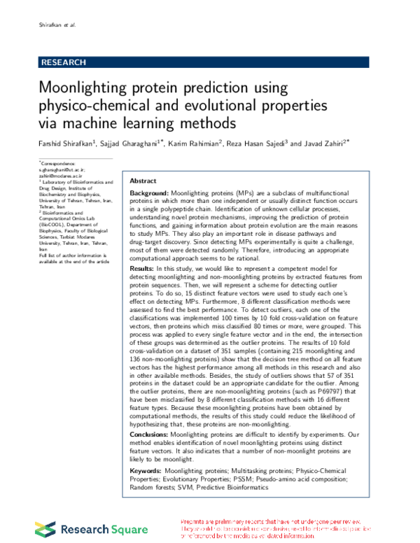 (PDF) Moonlighting protein prediction using physico-chemical and ...
