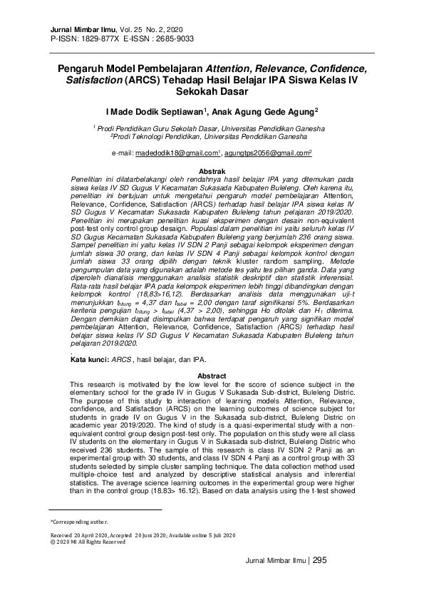 (PDF) Pengaruh Model Pembelajaran Attention, Relevance, Confidence ...