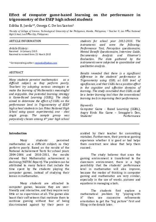 (PDF) Effect of computer game-based learning on the performance in ...
