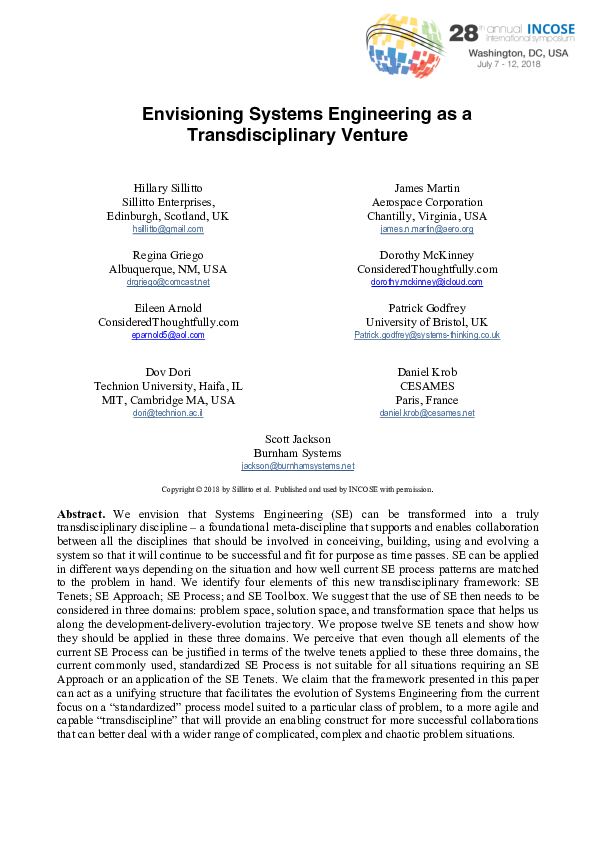 (PDF) Envisioning Systems Engineering as a Transdisciplinary Venture