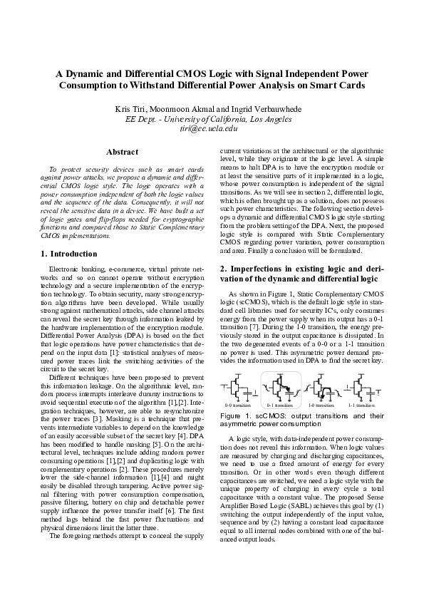 (PDF) A dynamic and differential CMOS logic with signal independent power consumption to ...